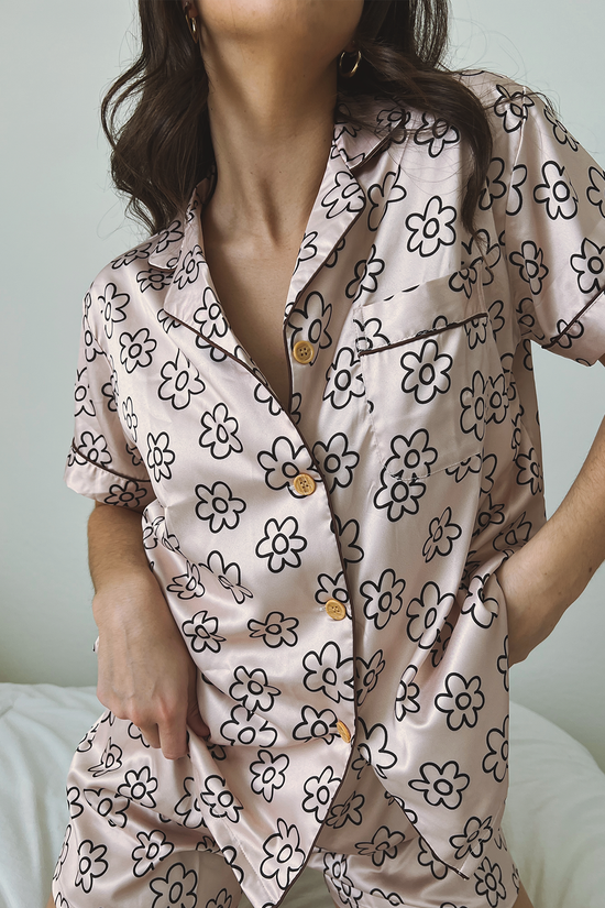 Beige Daisy Custom Satin Pajamas – Spikes and Seams
