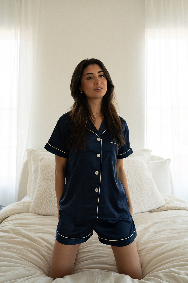 Navy Satin Pajamas Shorts Set – Spikes and Seams