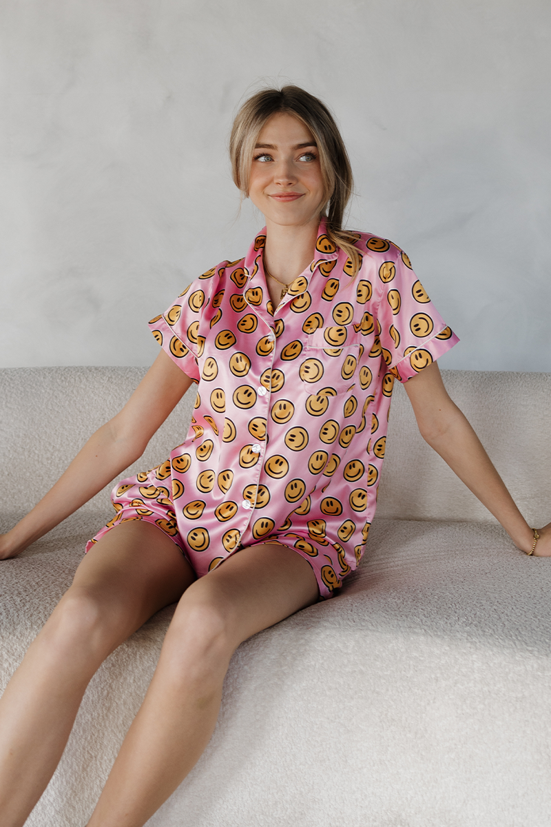 Pink Smiley Satin Pajamas – Spikes and Seams