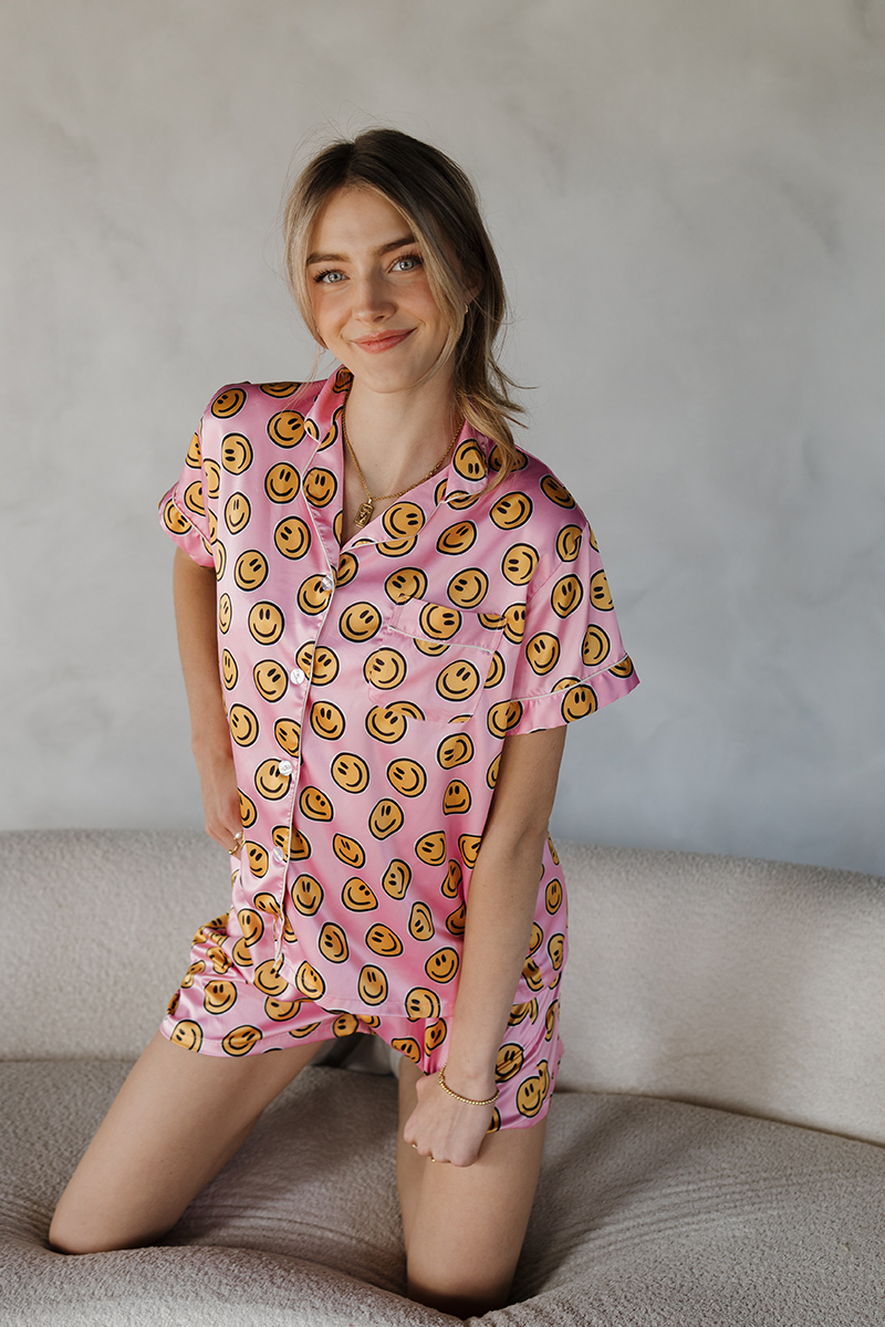 Pink Smiley Satin Pajamas – Spikes and Seams