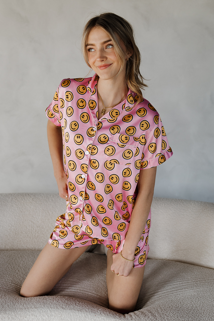 Pink Smiley Satin Pajamas – Spikes and Seams