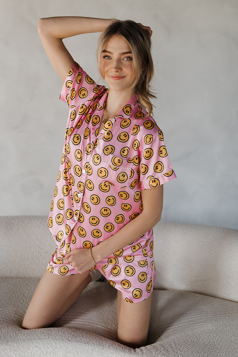 Pink Smiley Satin Pajamas – Spikes and Seams