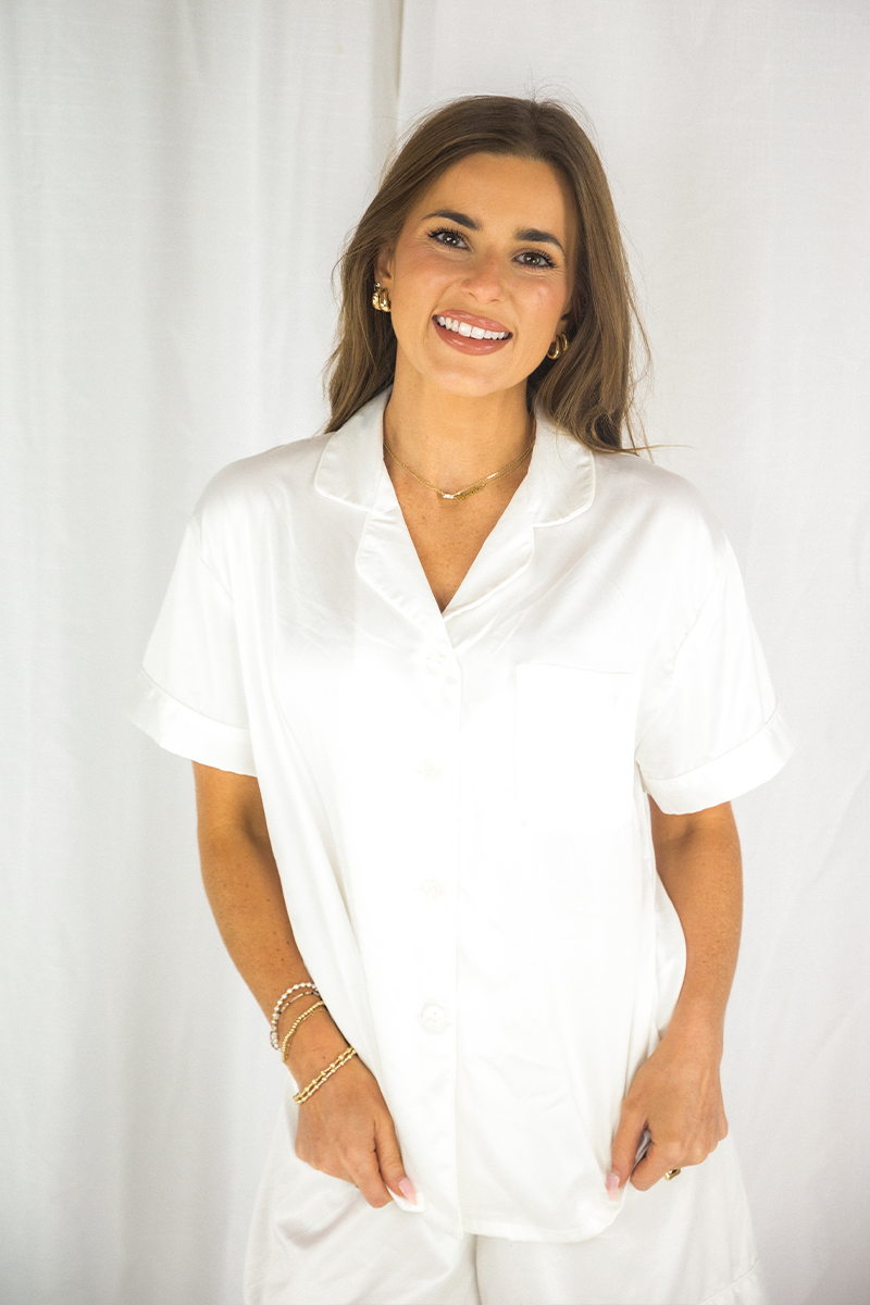 White with White Trim Satin Pajamas – Spikes and Seams