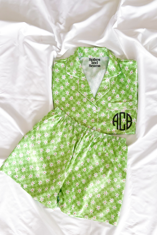 Green Daisy Checkered Custom Satin Pajamas – Spikes and Seams