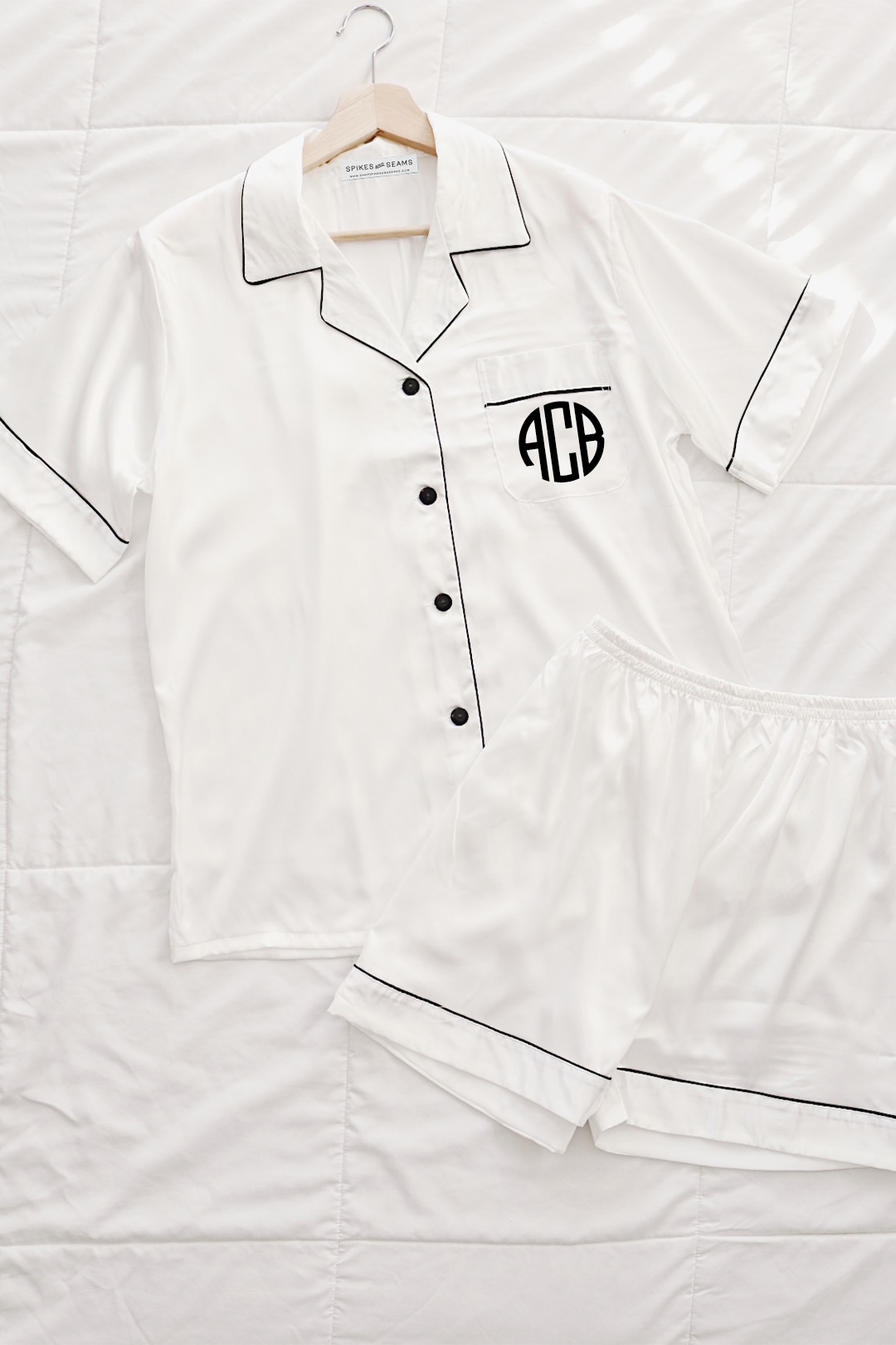 White with White Trim Satin Pajamas – Spikes and Seams